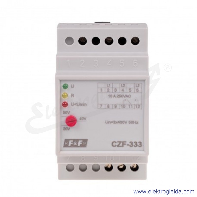 Przekaźnik kontroli faz CZF-333, 3×400V, 10A, czujnik zaniku i ...